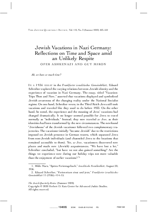 (PDF) Jewish Vacations in Nazi Germany: Reflections on Time and Space ...