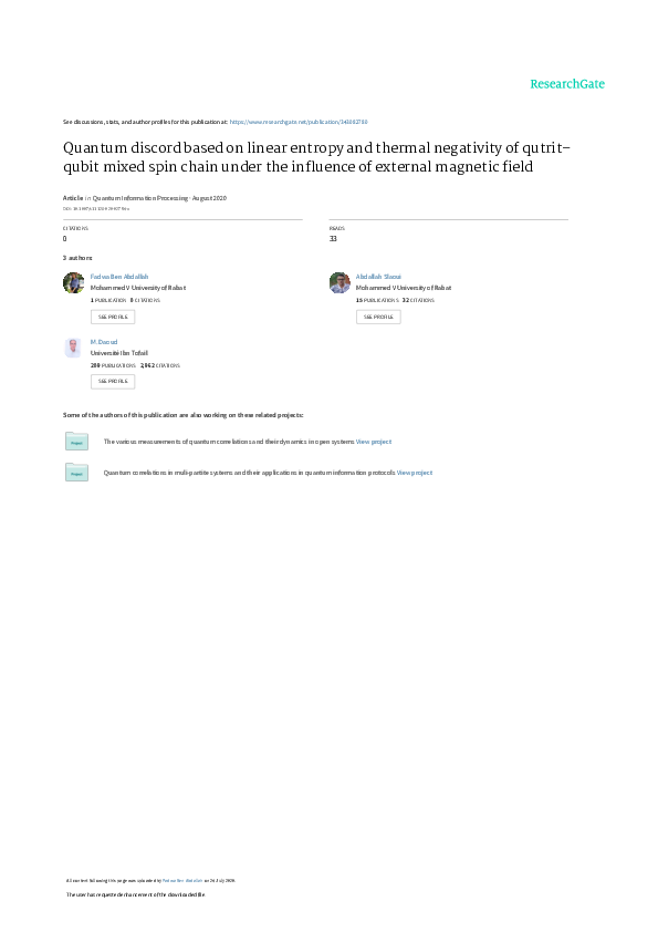 Pdf Quantum Discord Based On Linear Entropy And Thermal Negativity Of