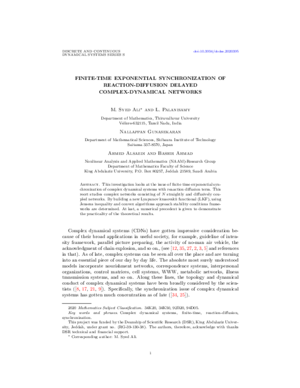 (PDF) FINITE-TIME EXPONENTIAL SYNCHRONIZATION OF REACTION-DIFFUSION DELAYED COMPLEX-DYNAMICAL ...