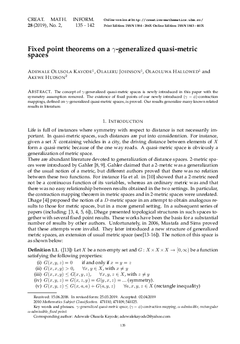 Pdf Fixed Point Theorems On A γ Generalized Quasi Metric Spaces
