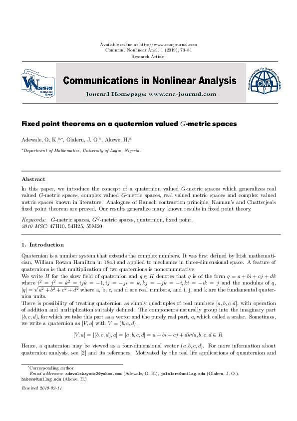 (PDF) Fixed point theorems on a quaternion valued G-metric spaces