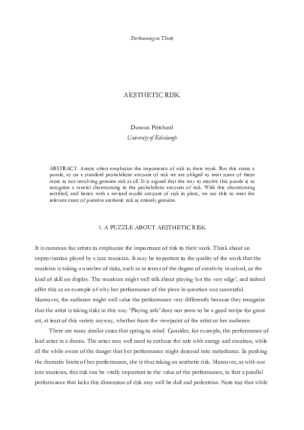 (PDF) AESTHETIC RISK | Duncan Pritchard - Academia.edu