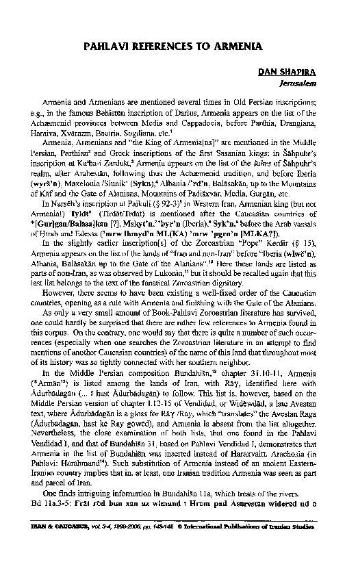 (PDF) Dan Shapira, “Pahlavi References to Armenia,” Iran and the ...