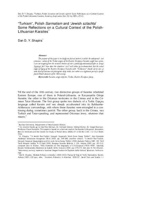 (PDF) Dan Shapira, “Turkism, Polish Sarmatism and ‘Jewish szlachta ...