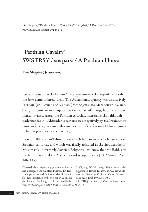(PDF) Dan Shapira, “‘Parthian Cavalry’: SWS PRSY / sūs pārsī / A ...