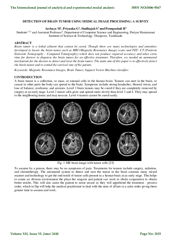 Pdf Detection Of Brain Tumor Using Medical Image Processing A Survey