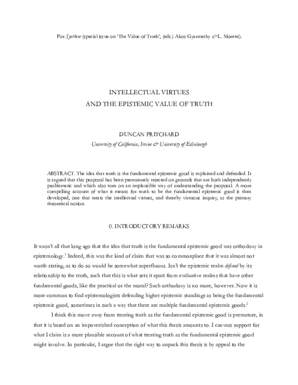(PDF) INTELLECTUAL VIRTUES AND THE EPISTEMIC VALUE OF TRUTH