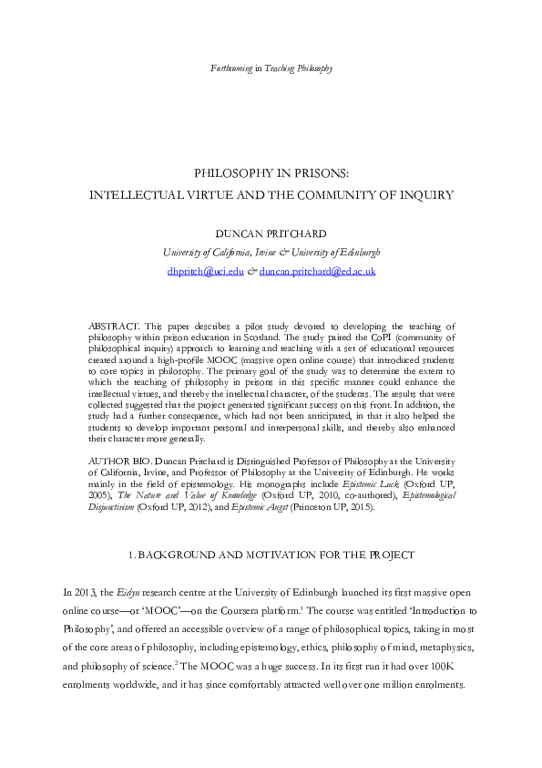 (PDF) Philosophy in Prisons: Intellectual Virtue and the Community of ...