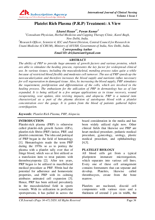 (PDF) Platelet Rich Plasma (P.R.P) Treatment: A View