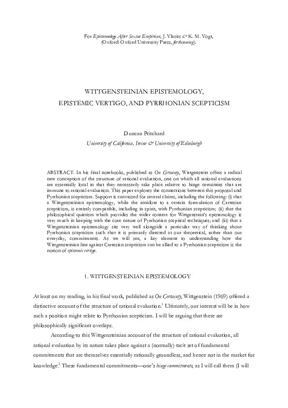 (PDF) WITTGENSTEINIAN EPISTEMOLOGY, EPISTEMIC VERTIGO, AND PYRRHONIAN ...