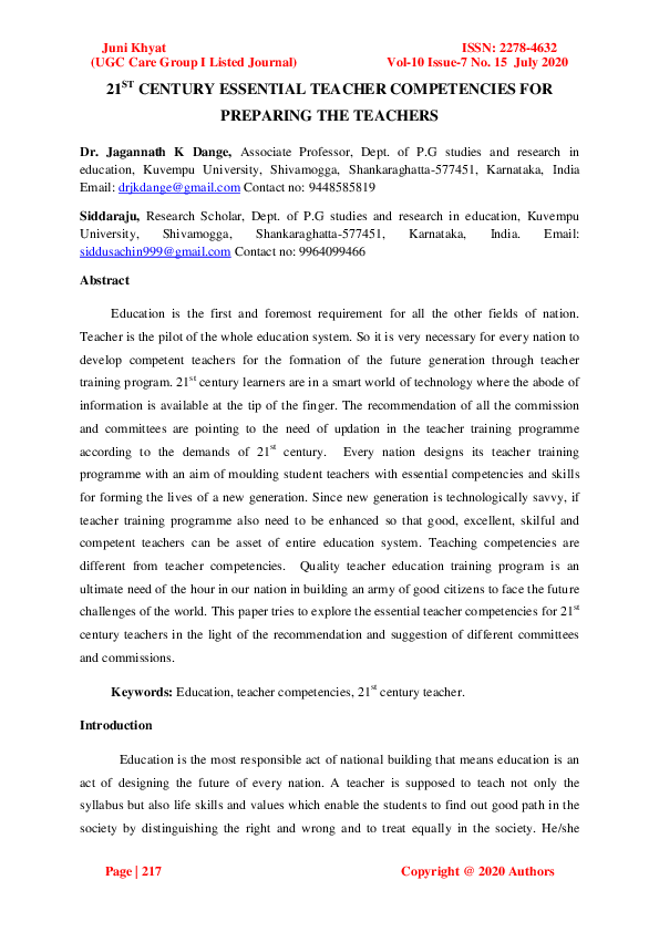 (PDF) 21 ST CENTURY ESSENTIAL TEACHER COMPETENCIES FOR PREPARING THE ...
