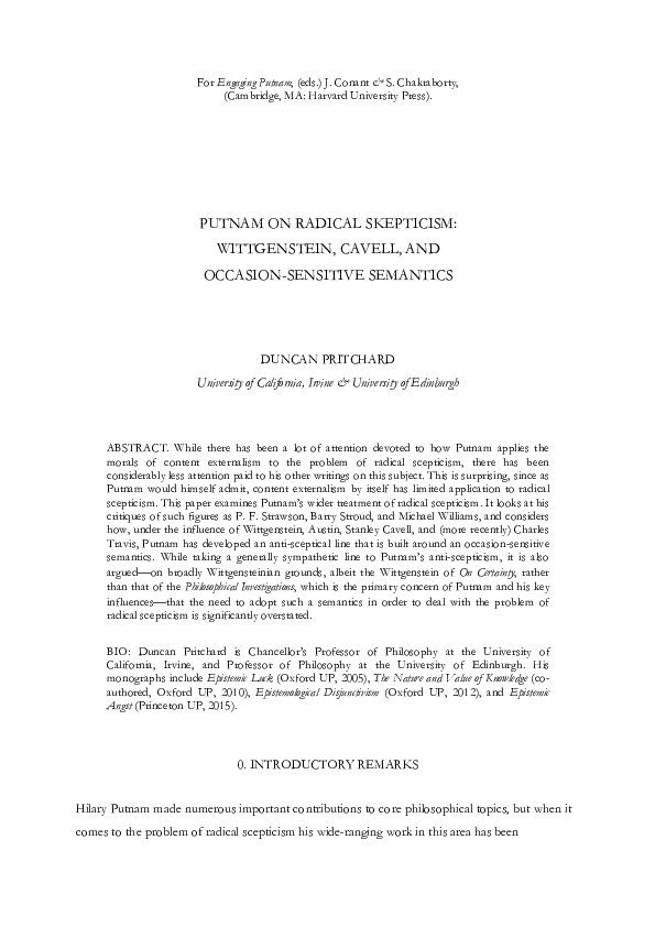 (PDF) Putnam on Radical Skepticism: Wittgenstein, Cavell, and Occasion ...