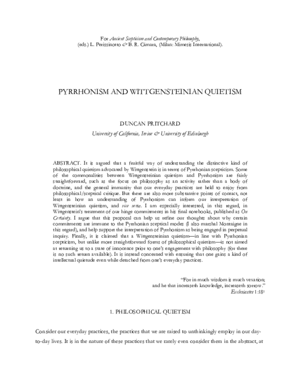 (PDF) PYRRHONISM AND WITTGENSTEINIAN QUIETISM