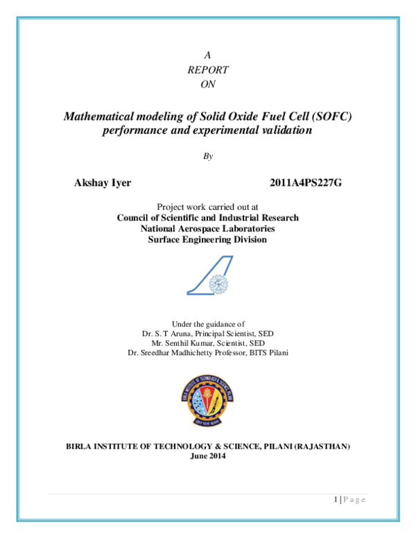(PDF) Mathematical modeling of Solid Oxide Fuel Cell (SOFC) performance and experimental validation