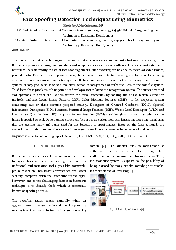 (PDF) Face Spoofing Detection Techniques using Biometrics
