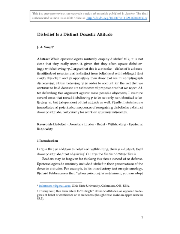 (PDF) Disbelief is a Distinct Doxastic Attitude
