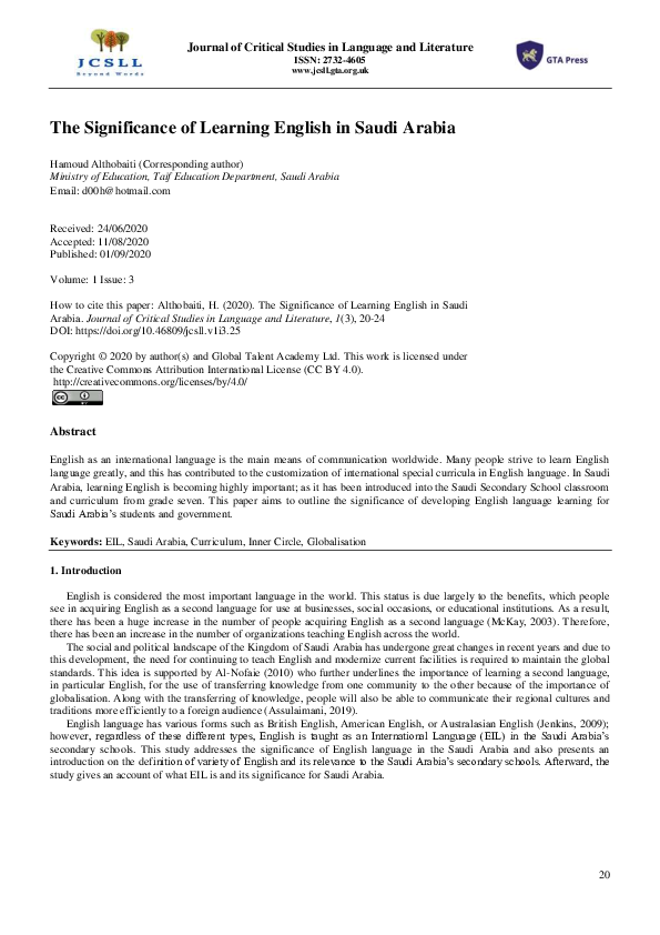 (PDF) The Significance of Learning English in Saudi Arabia