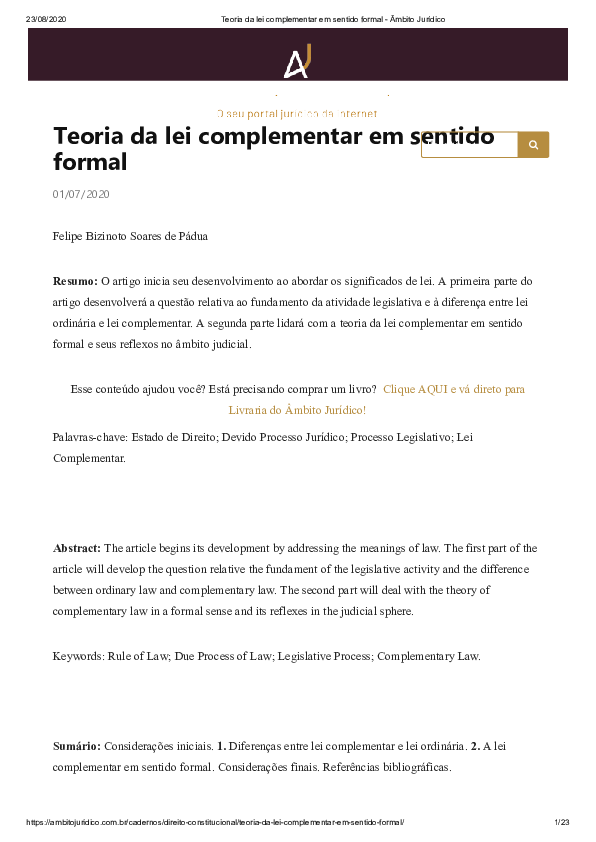 (PDF) Teoria da lei complementar em sentido formal