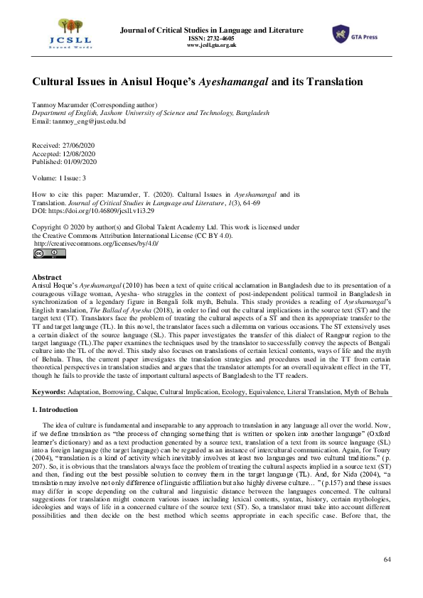 (PDF) Cultural Issues in Anisul Hoque's Ayeshamangal and its Translation