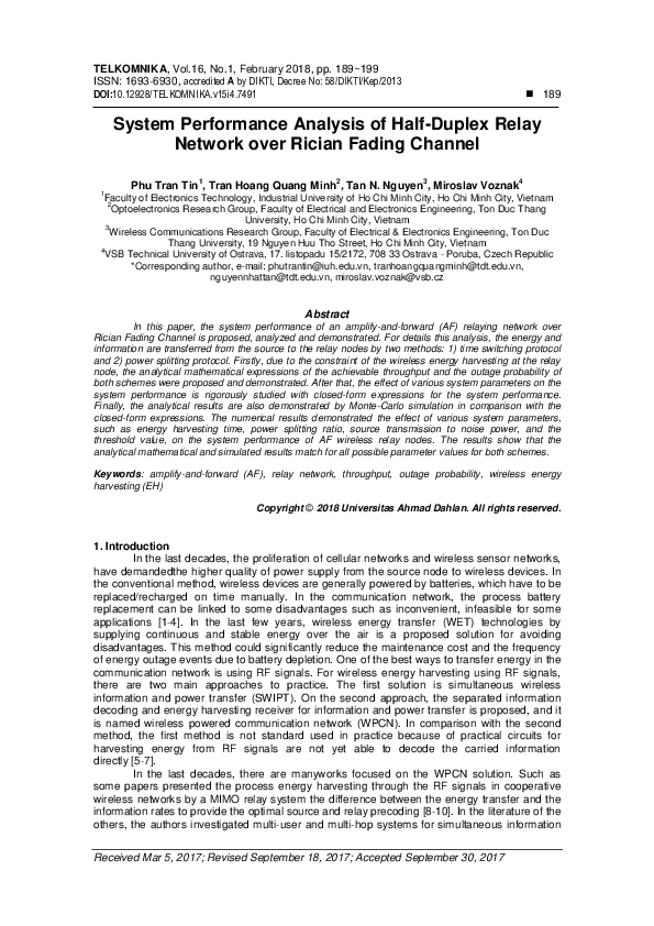 (PDF) System Performance Analysis of Half-Duplex Relay Network over Rician Fading Channel