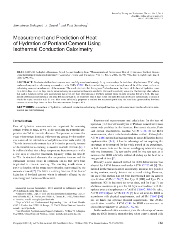 (PDF) Measurement and Prediction of Heat of Hydration of Portland ...