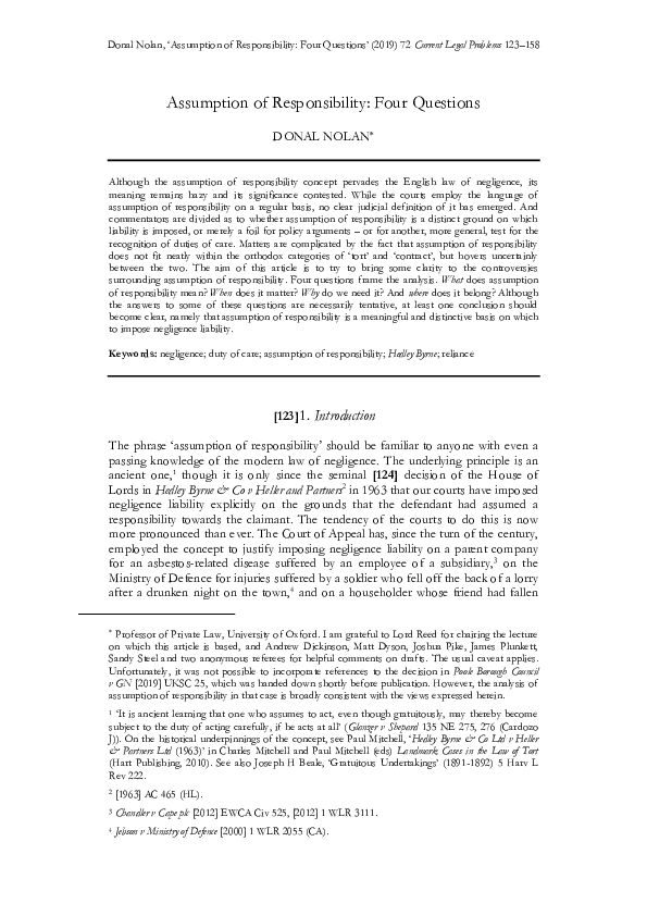 (PDF) Assumption of Responsibility: Four Questions