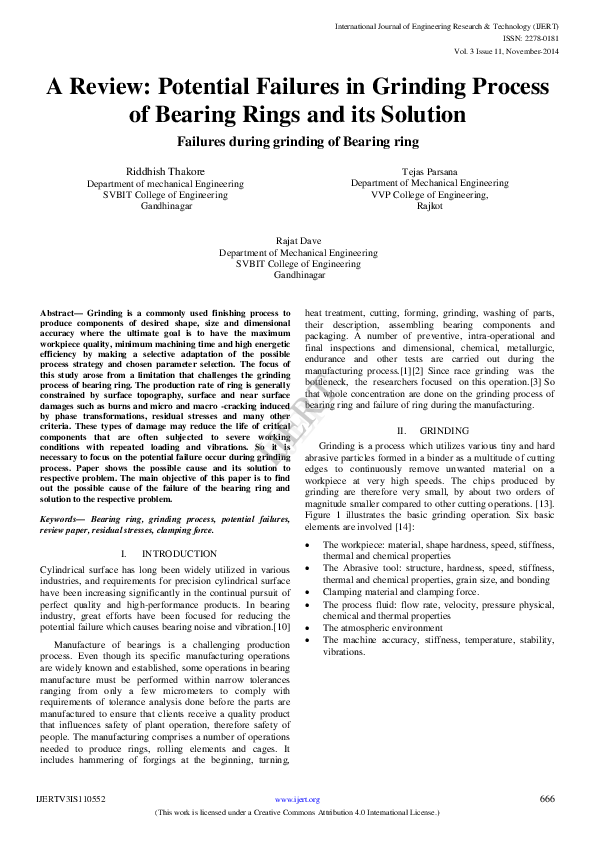 (PDF) IJERT-A Review: Potential Failures in Grinding Process of Bearing ...