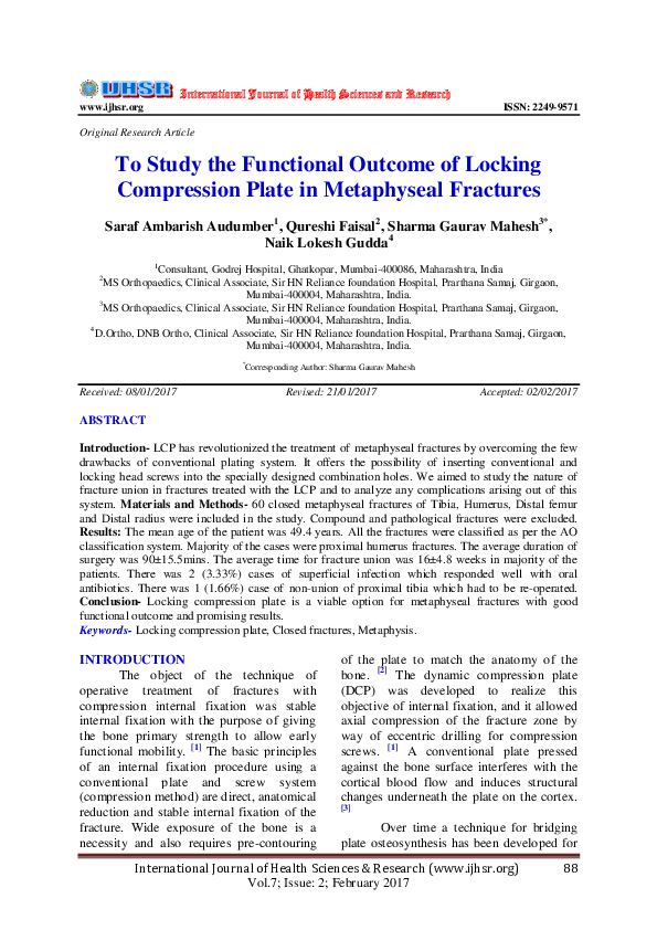 (PDF) To Study the Functional Outcome of Locking Compression Plate in Metaphyseal Fractures