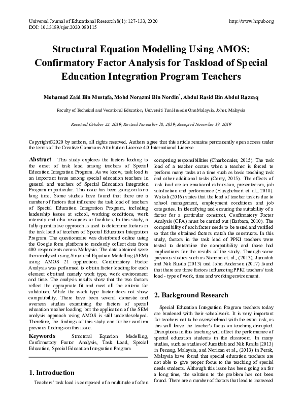 (PDF) Structural Equation Modelling Using AMOS: Confirmatory Factor Analysis for Taskload of ...