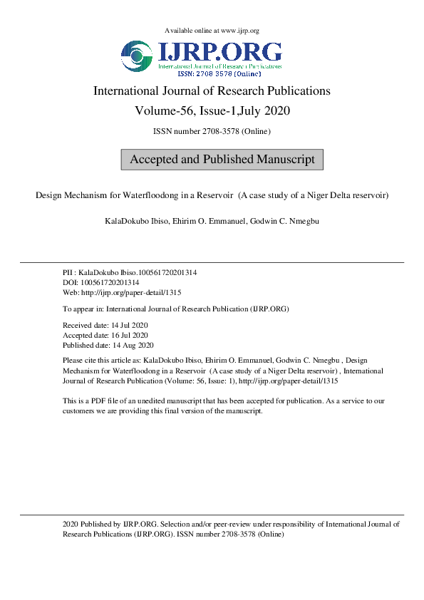 (PDF) Accepted and Published Manuscript Design Mechanism for Waterfloodong in a Reservoir (A ...