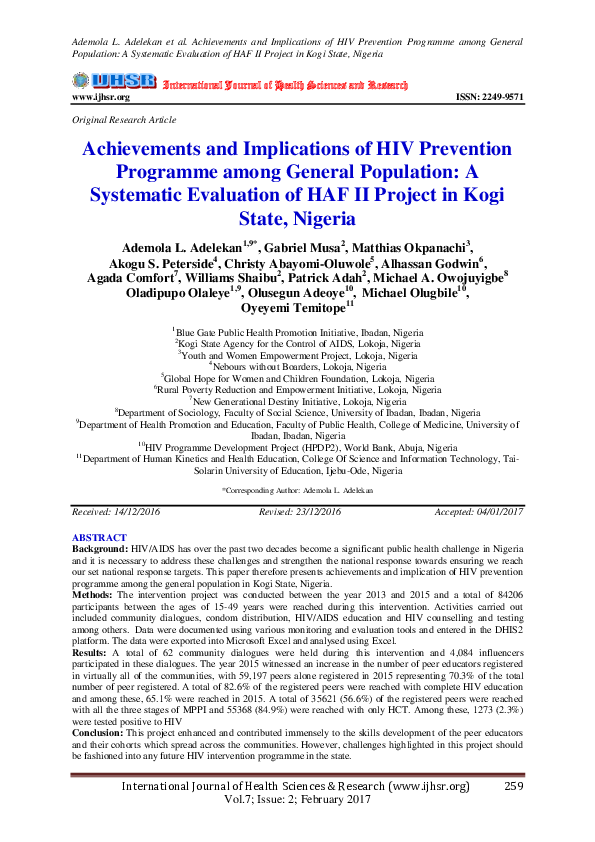 (PDF) Achievements and Implications of HIV Prevention Programme among ...