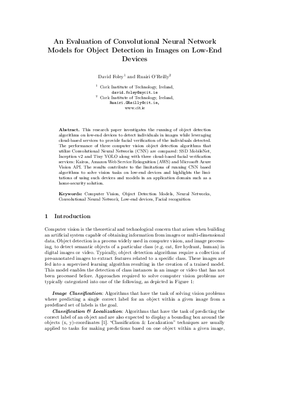 Pdf An Evaluation Of Convolutional Neural Network Models For Object Detection In Images On Low