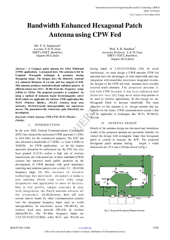 (PDF) IJERT-Bandwidth Enhanced Hexagonal Patch Antenna using CPW Fed