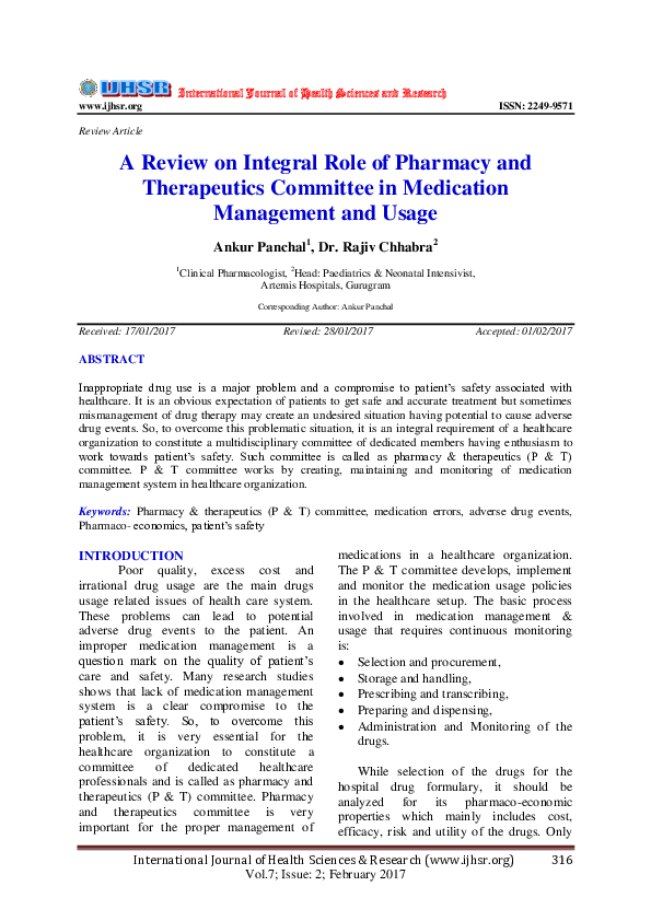 (PDF) A Review on Integral Role of Pharmacy and Therapeutics Committee ...