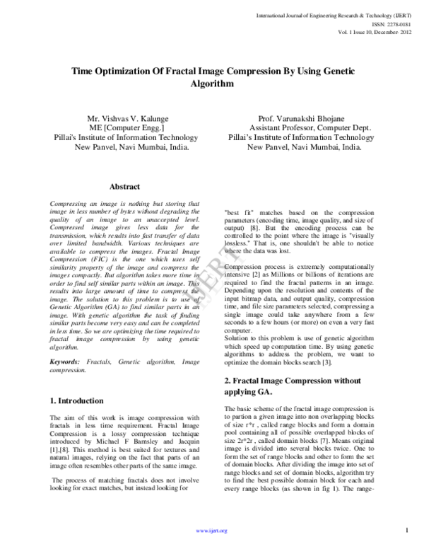 Pdf Ijert Time Optimization Of Fractal Image Compression By Using Genetic Algorithm Ijert