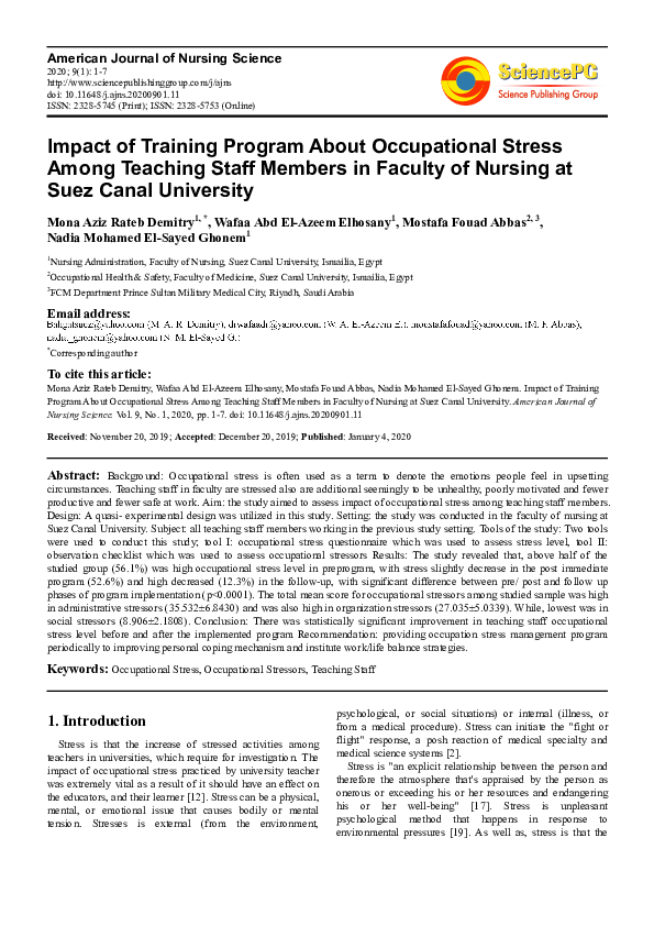 (PDF) Impact of Training Program About Occupational Stress Among ...
