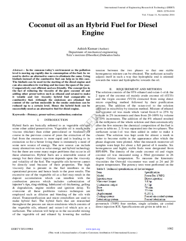 (PDF) IJERT-Coconut oil as an Hybrid Fuel for Diesel Engine