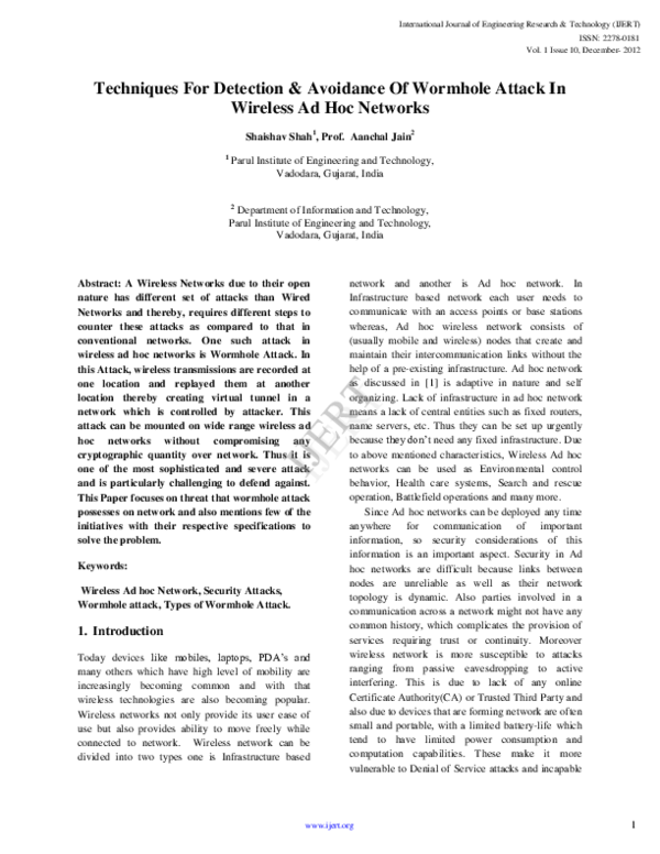 Pdf Ijert Techniques For Detection And Avoidance Of Wormhole Attack In Wireless Ad Hoc Networks