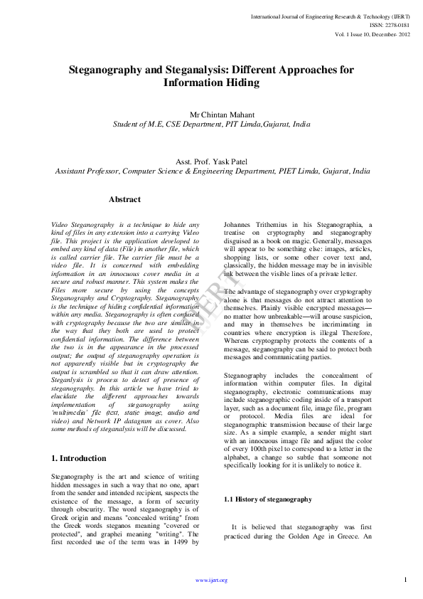 Pdf Ijert Steganography And Steganalysis Different Approaches For