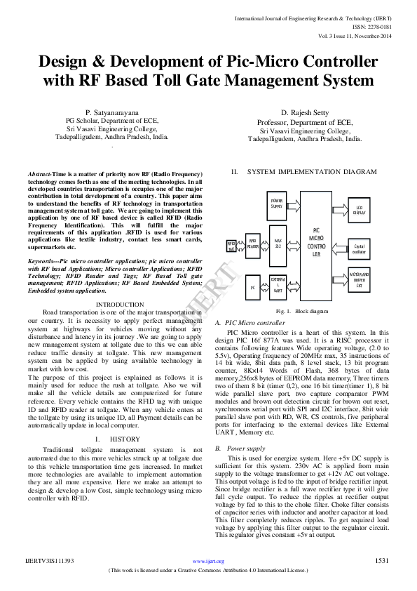 Pdf Ijert Design And Development Of Pic Micro Controller With Rf Based Toll Gate Management
