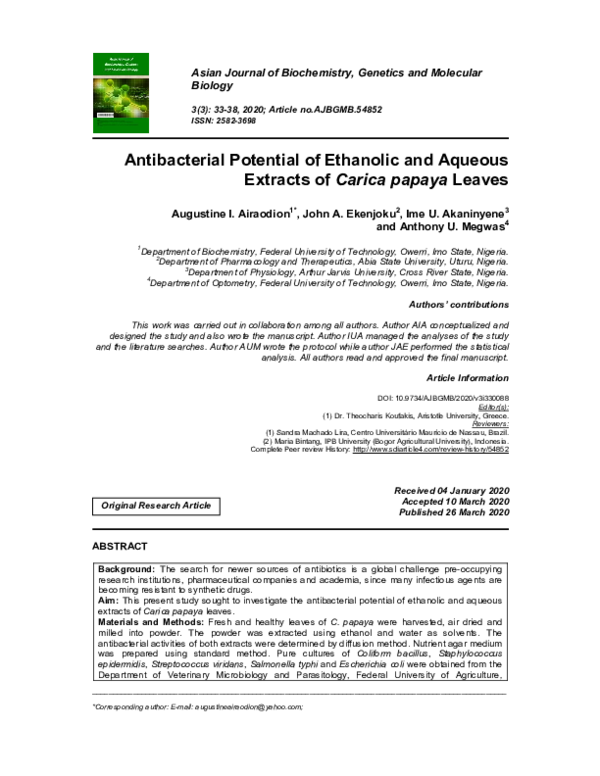 (PDF) Antibacterial Potential of Ethanolic and Aqueous Extracts of Carica papaya Leaves