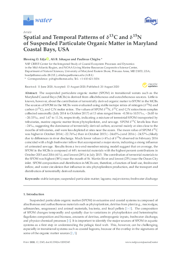 Pdf Spatial And Temporal Patterns Of δ 13 C And δ 15 N Of Suspended