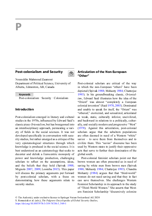 (PDF) Post-colonialism and Security