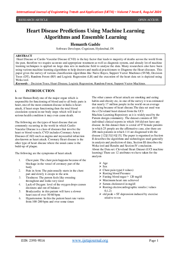 (PDF) Heart Disease Predictions Using Machine Learning Algorithms and Ensemble Learning