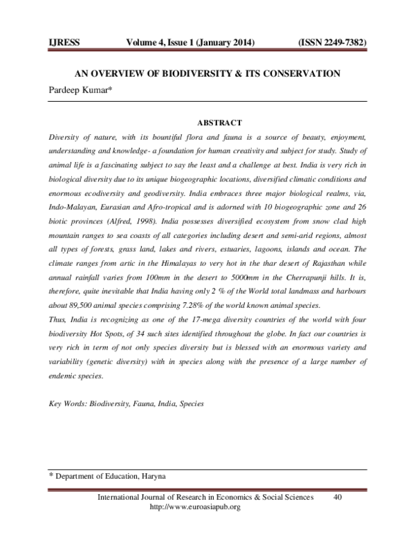 (PDF) AN OVERVIEW OF BIODIVERSITY & ITS CONSERVATION