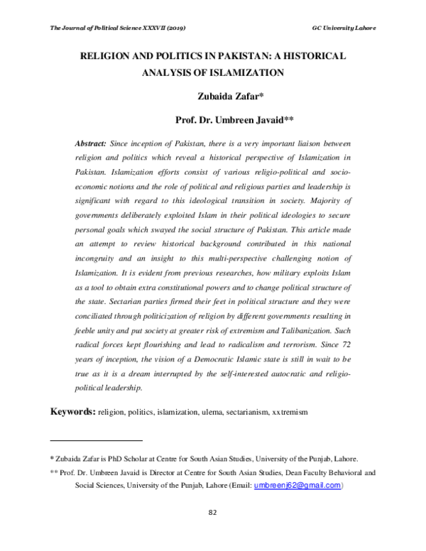 (PDF) RELIGION AND POLITICS IN PAKISTAN: A HISTORICAL ANALYSIS OF ...
