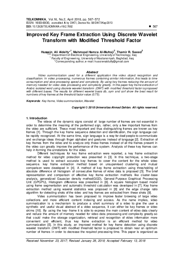 (PDF) Improved Key Frame Extraction Using Discrete Wavelet Transform with Modified Threshold Factor