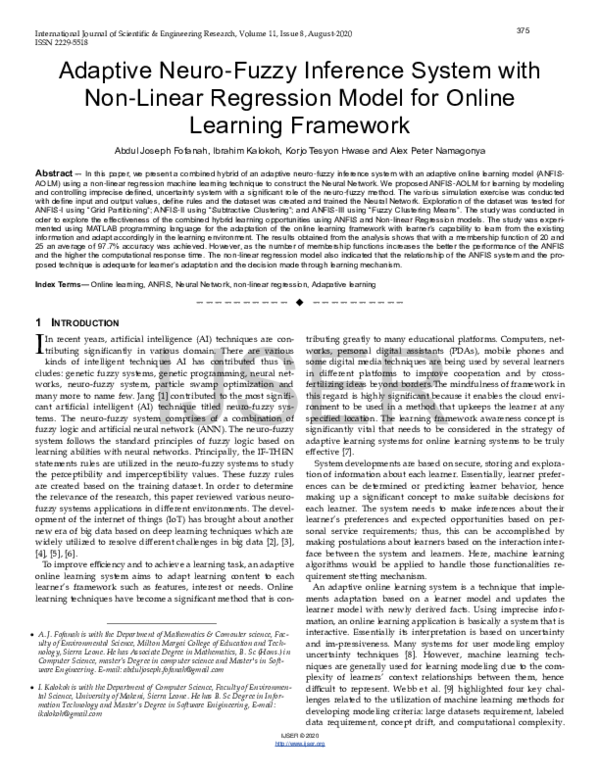Pdf Adaptive Neuro Fuzzy Inference System With Non Linear Regression