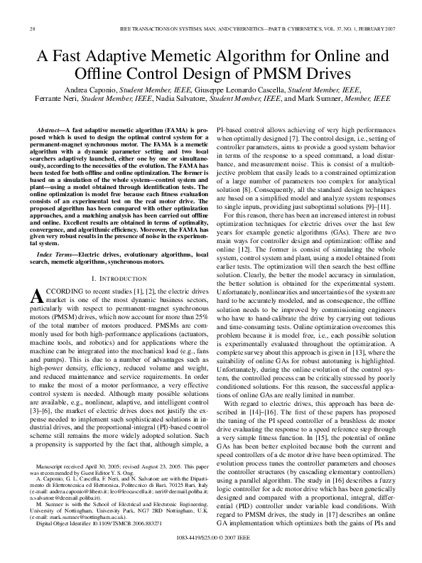 Pdf A Fast Adaptive Memetic Algorithm For Online And Offline Control Design Of Pmsm Drives