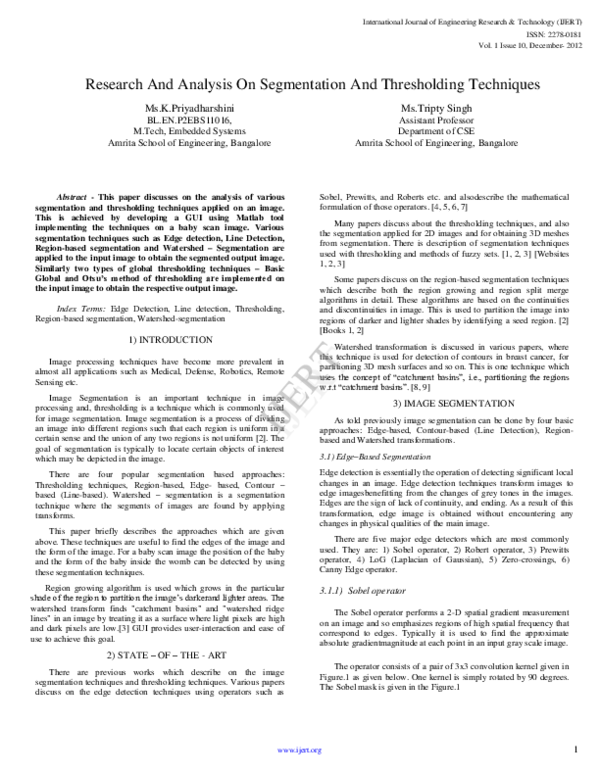 Pdf Ijert Research And Analysis On Segmentation And Thresholding Techniques Ijert Journal